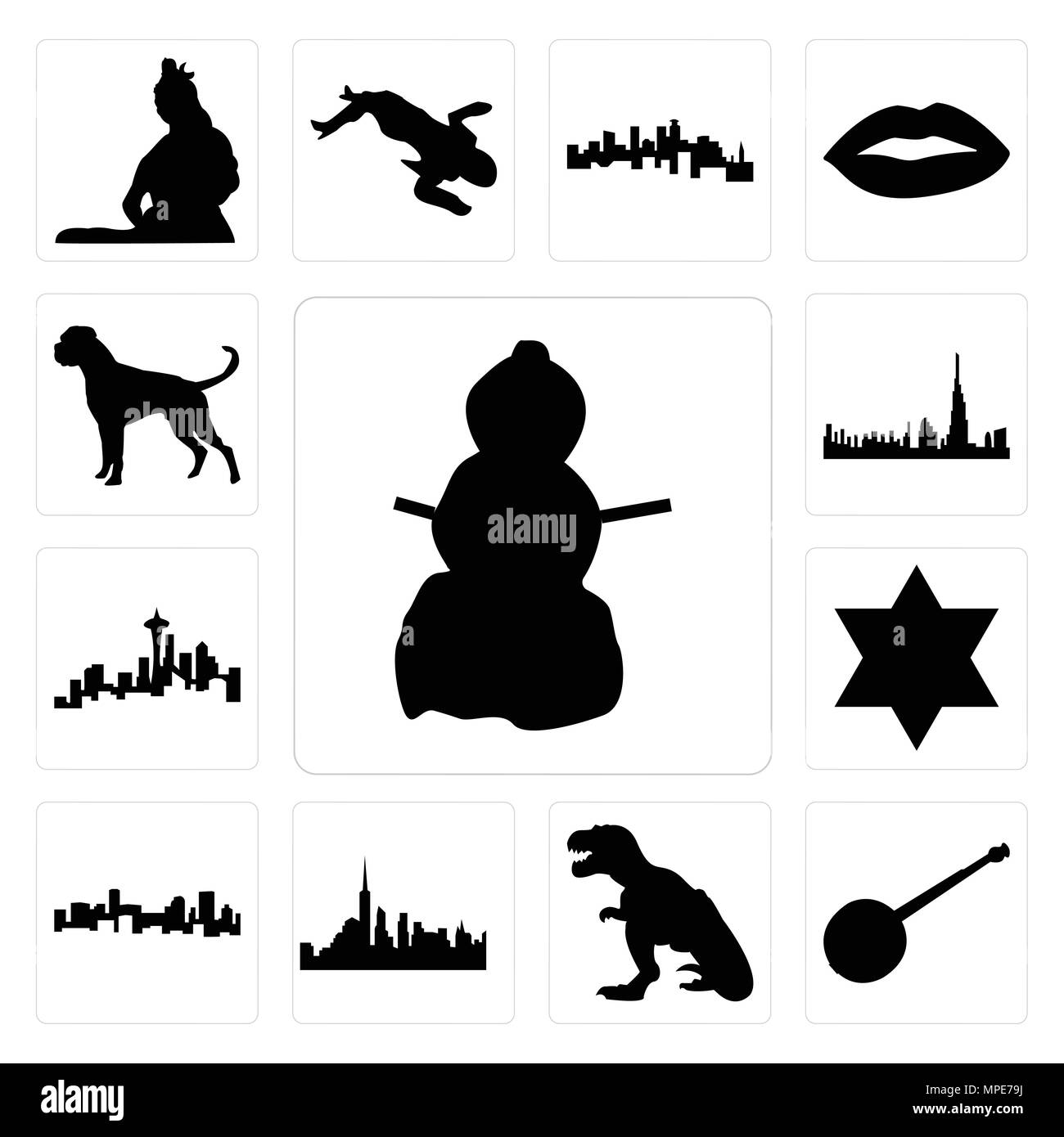 Set Of 13 simple editable icons such as snowman, banjo, t rex, nyc ...