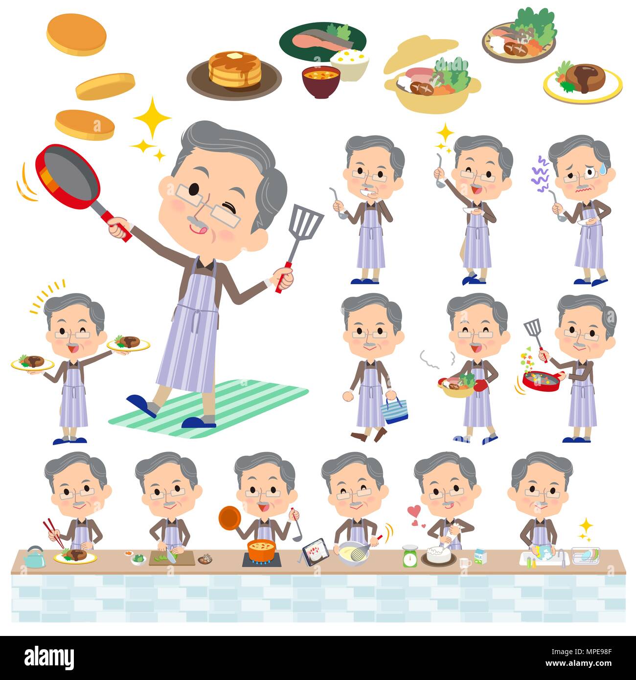 Set of various poses of Brown wear beard old man cooking Stock Vector ...