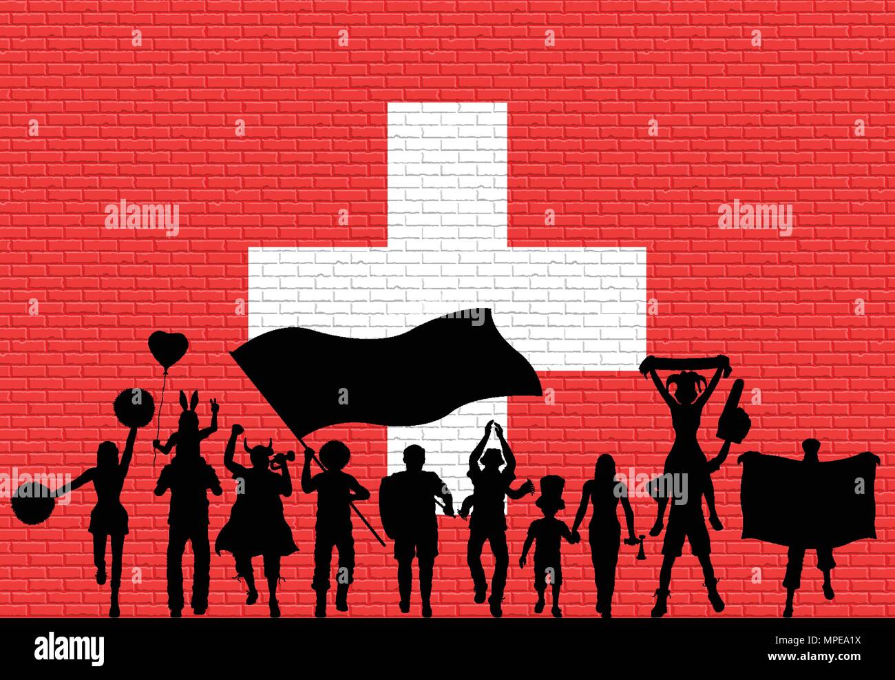 Swiss supporter silhouette in front of brick wall with Switzerland flag ...