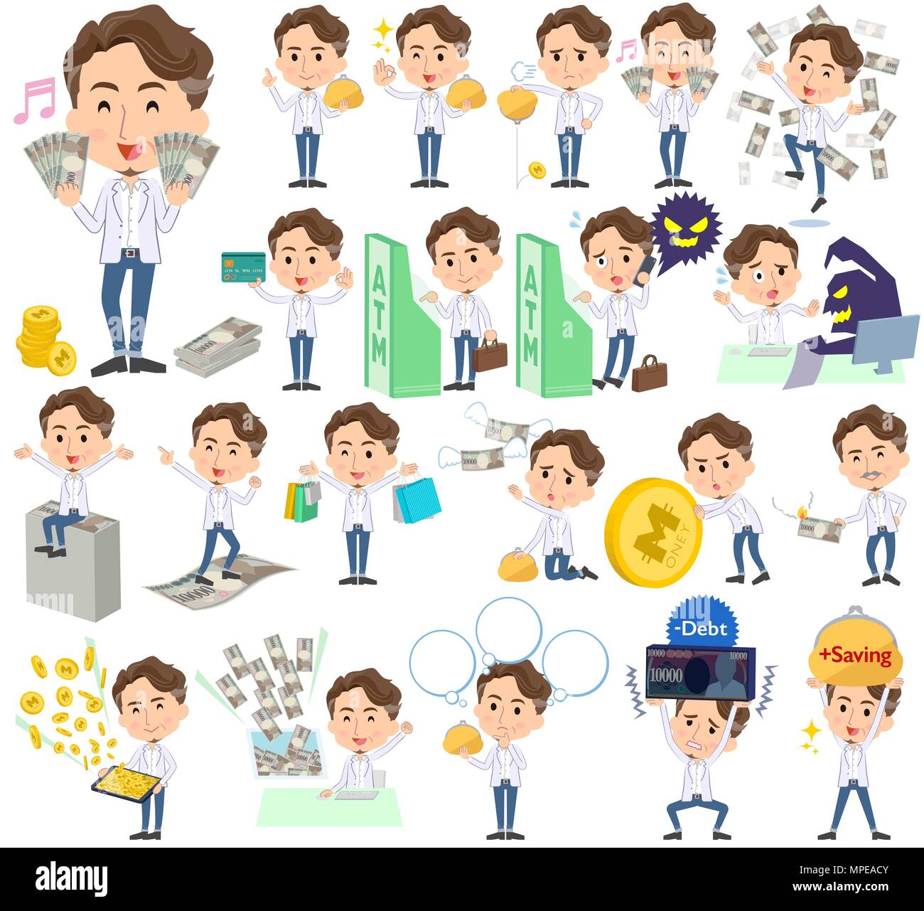 Set of various poses of wild Middle aged man money Stock Vector Image ...