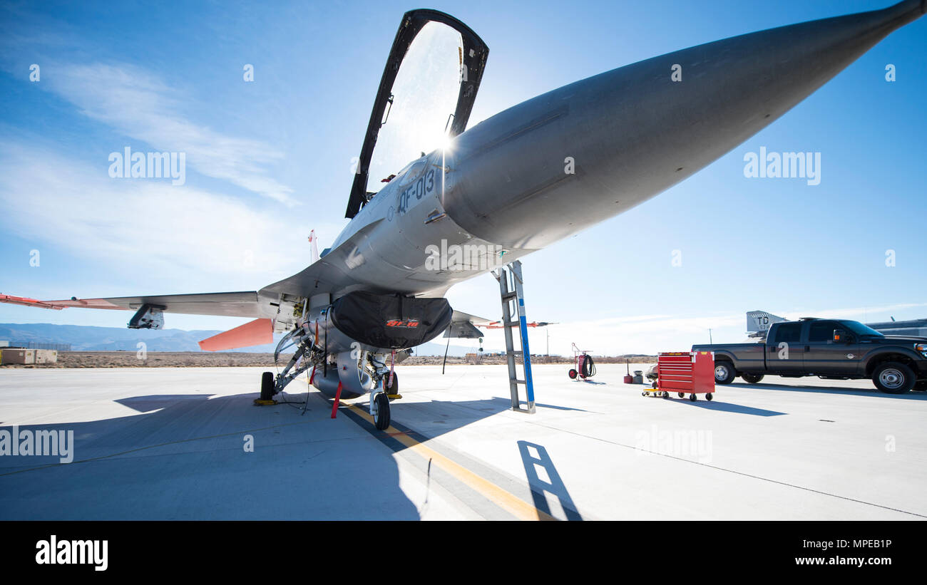 A QF-16 drone sits on the flightline before its first flight at ...