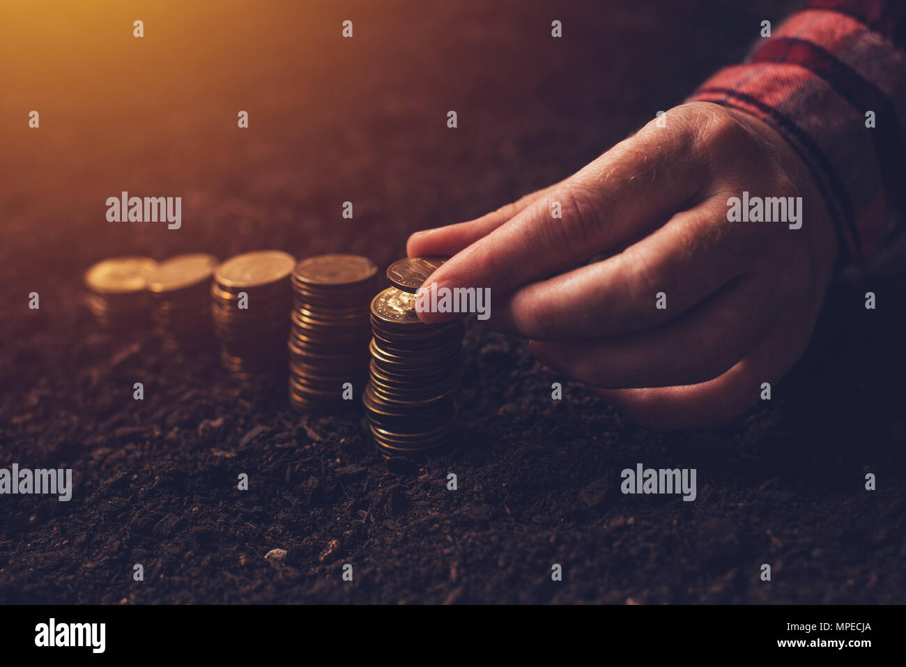 Female farmer stacking coins, success in agriculture and food ...