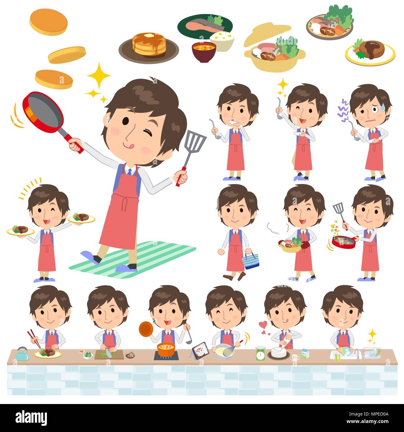 Set of various poses of blue vest man cooking Stock Vector Image & Art ...