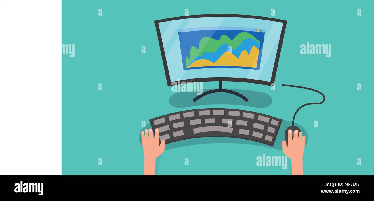 Hands using computer with graph of business marketing vector ...