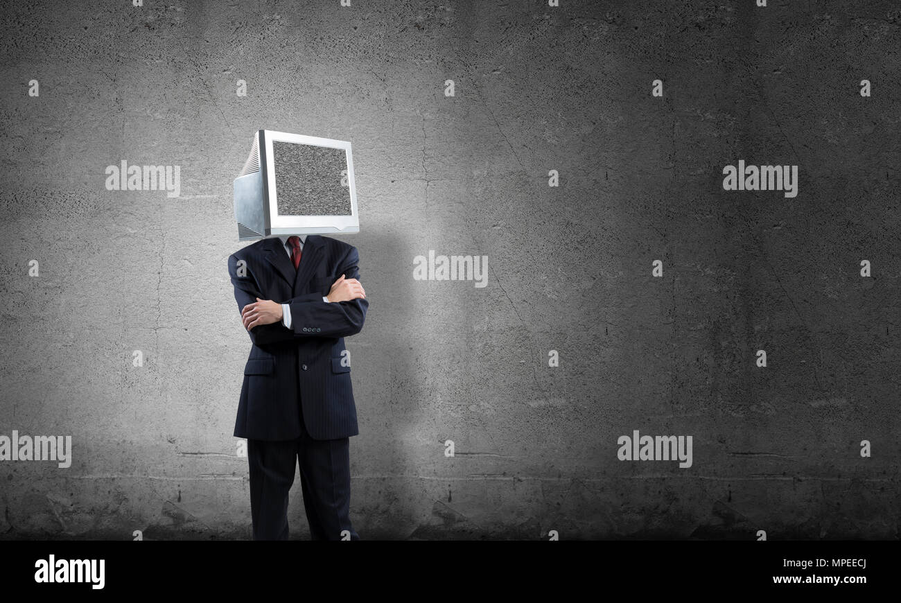Businessman with monitor instead of head Stock Photo - Alamy