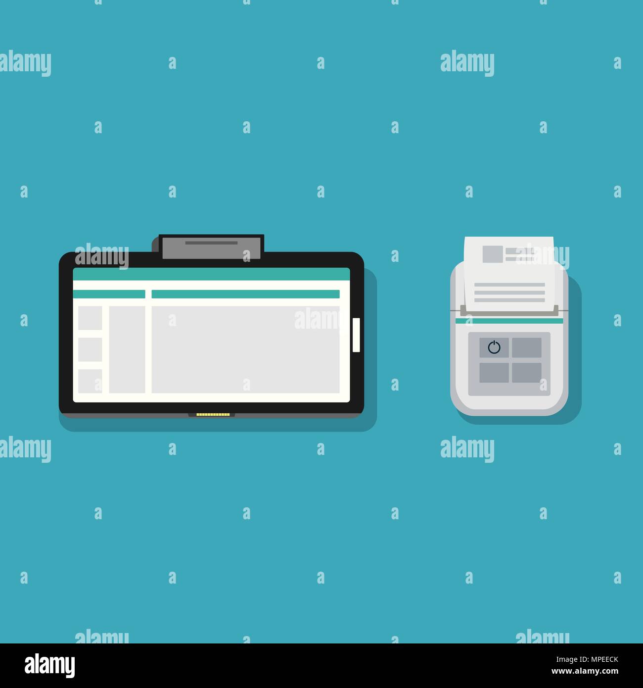 Flat tablet and mini printer with paper design vector illustration.New ...
