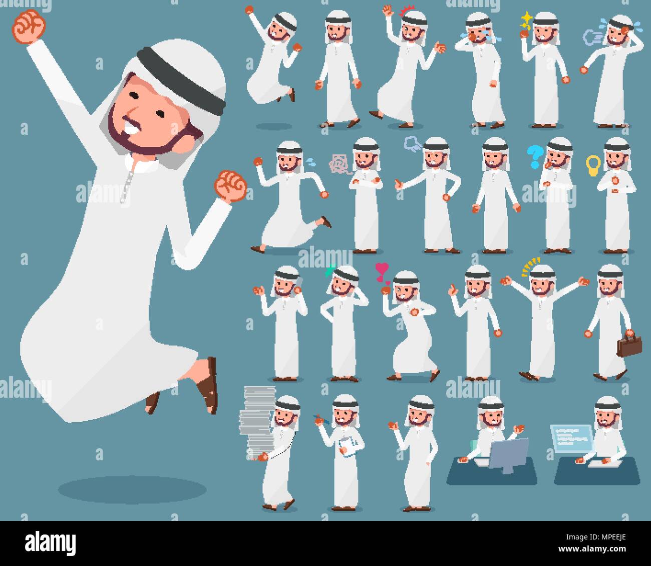 Set of various poses of flat type Arab man 1 Stock Vector Image & Art ...