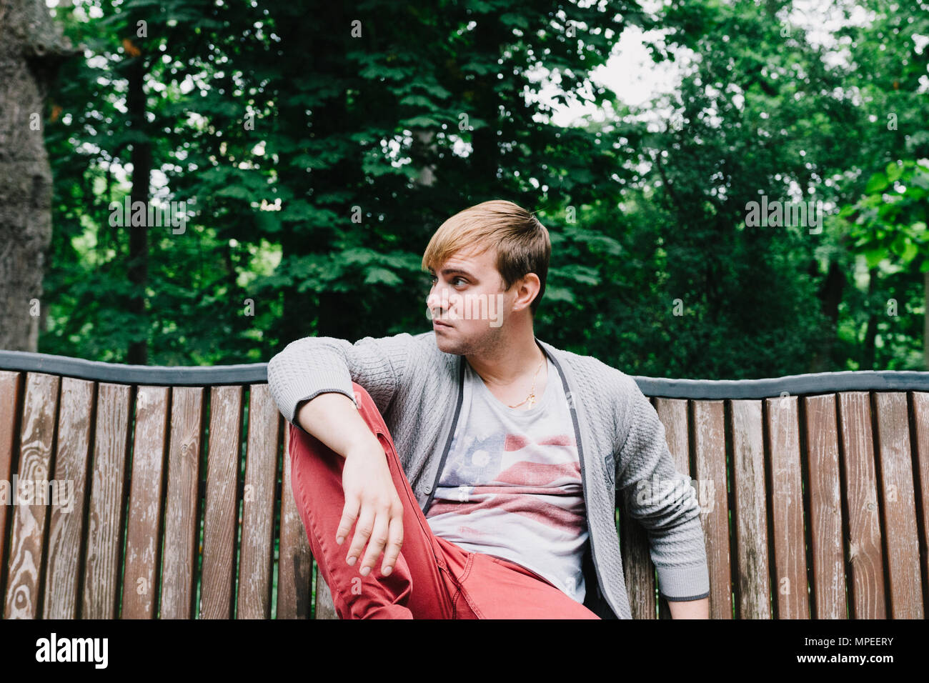 Portrait of a stylish man on a bench in the park Stock Photo - Alamy