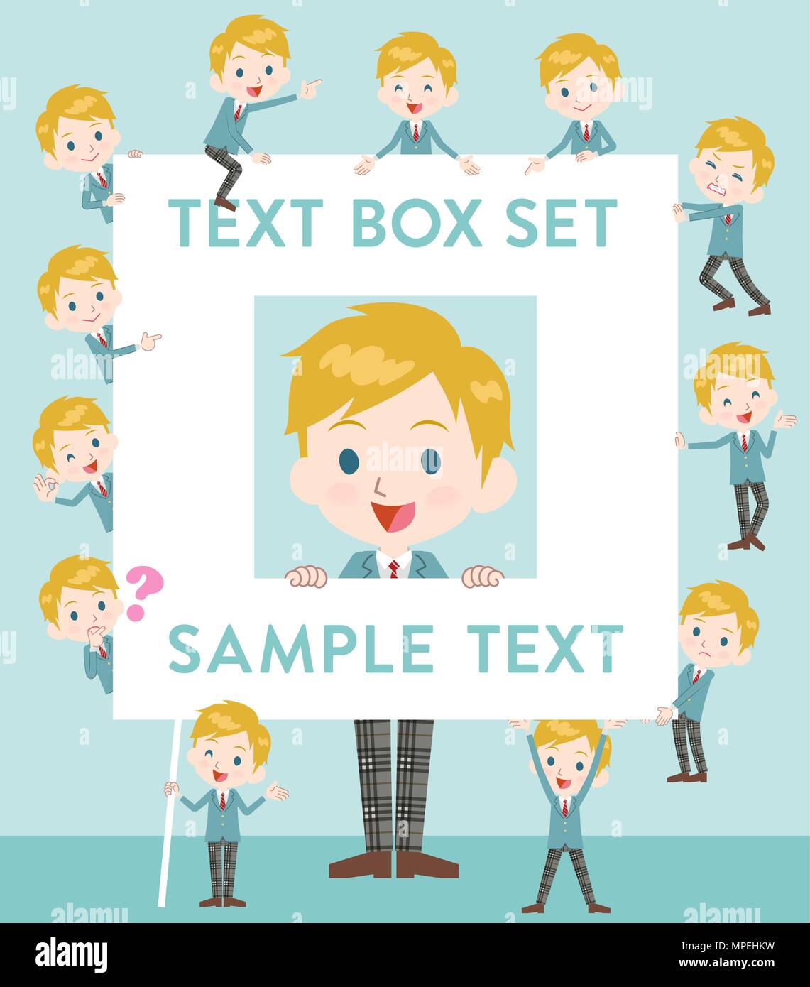 Set of various poses of School boy Caucasian text box Stock Vector ...