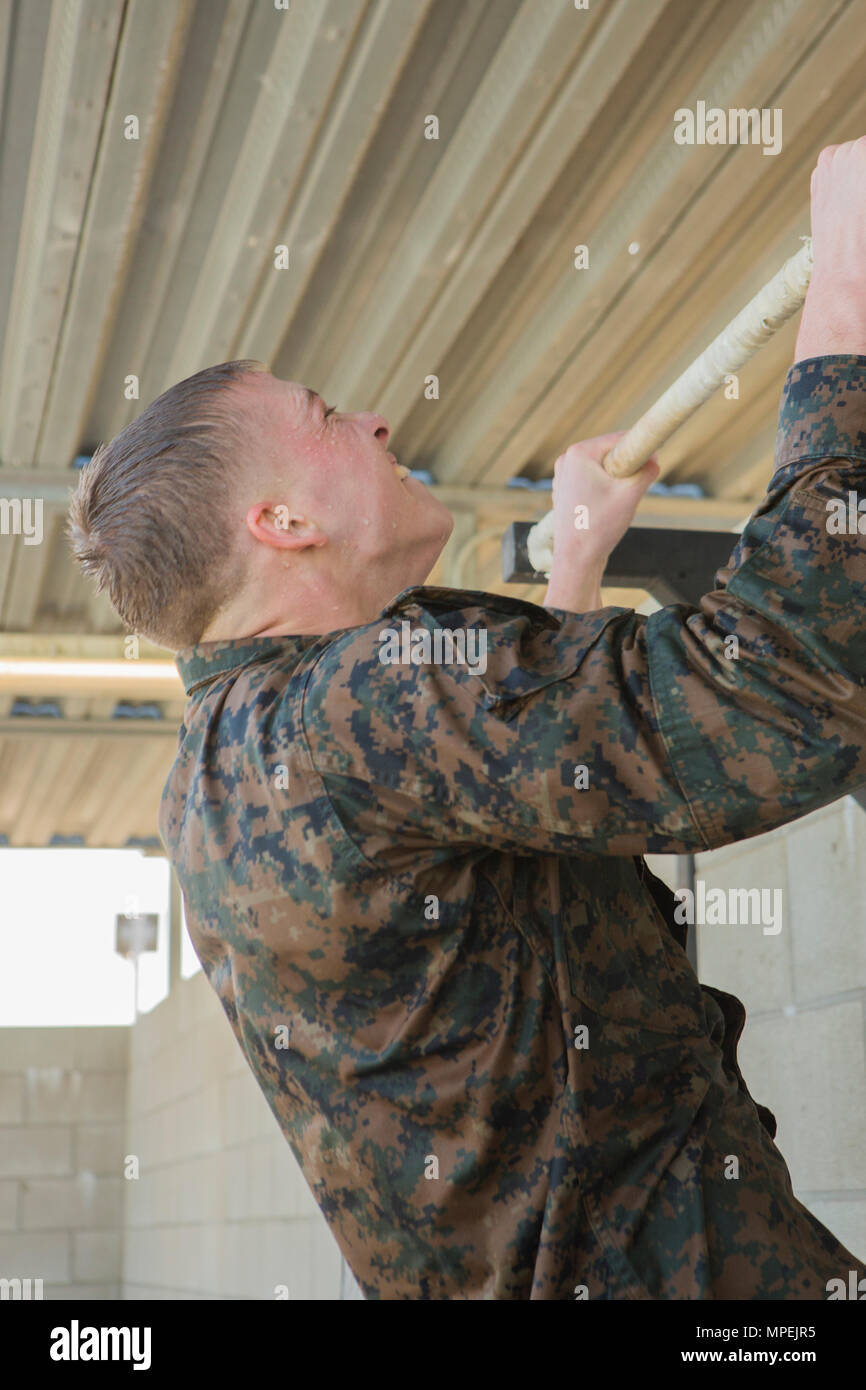 A Marine with Headquarters and Headquarters Squadron executes pull ups ...