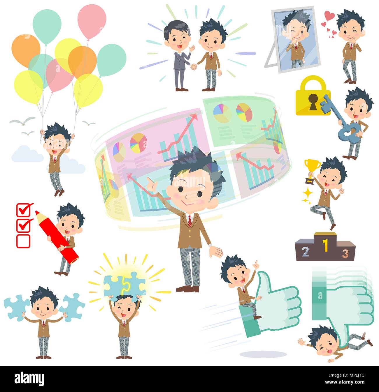 Set of various poses of school boy Brown Blazer success & positive ...
