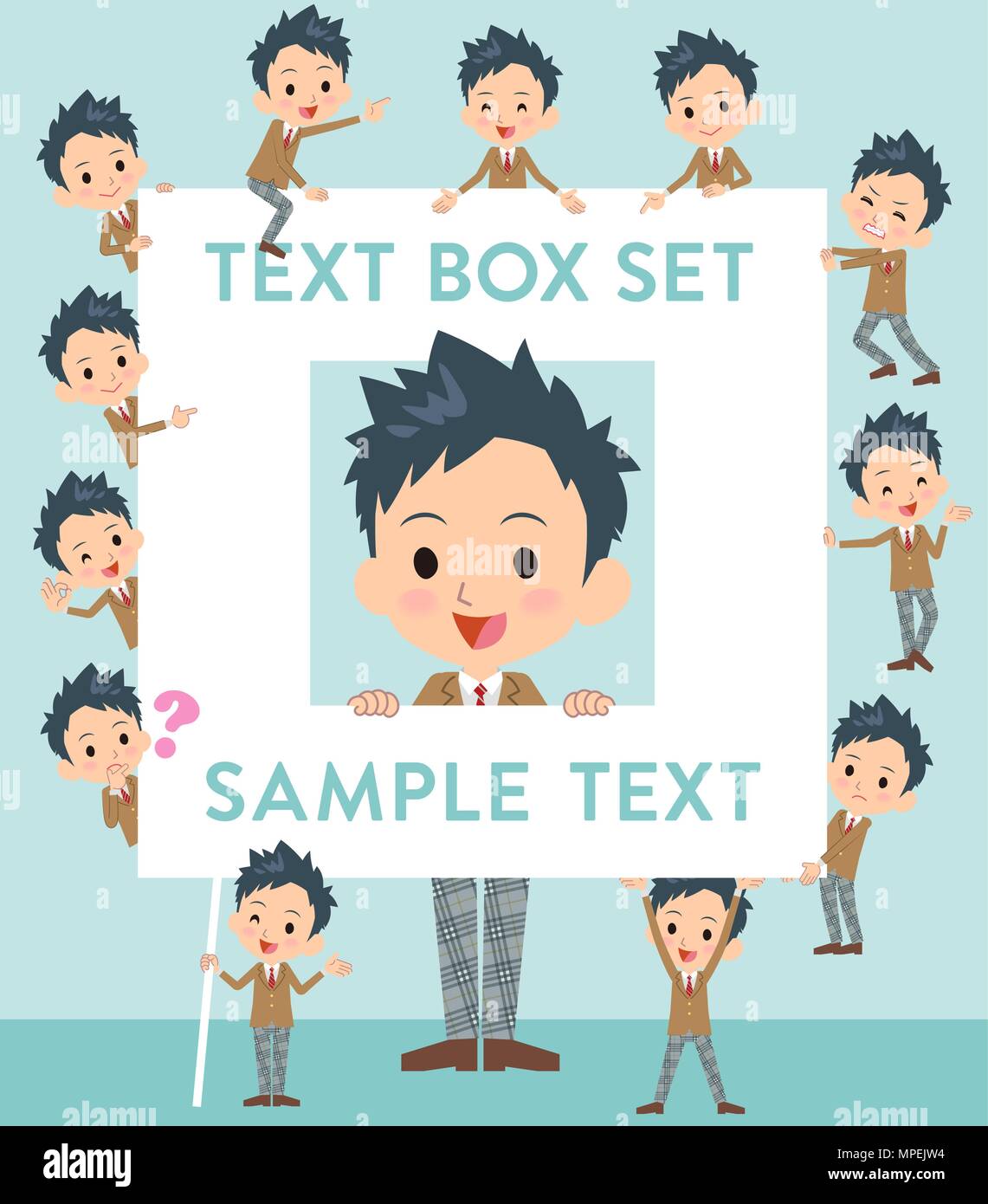 Set of various poses of school boy Brown Blazer text box Stock Vector ...