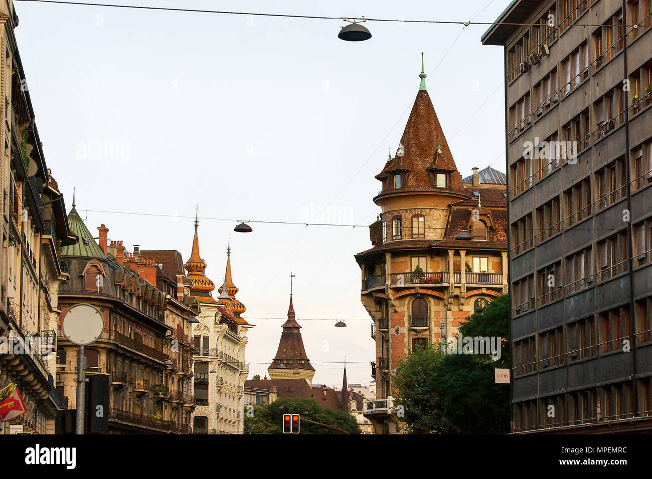 Geneva, Switzerland - August 30, 2016: Building architecture with ...