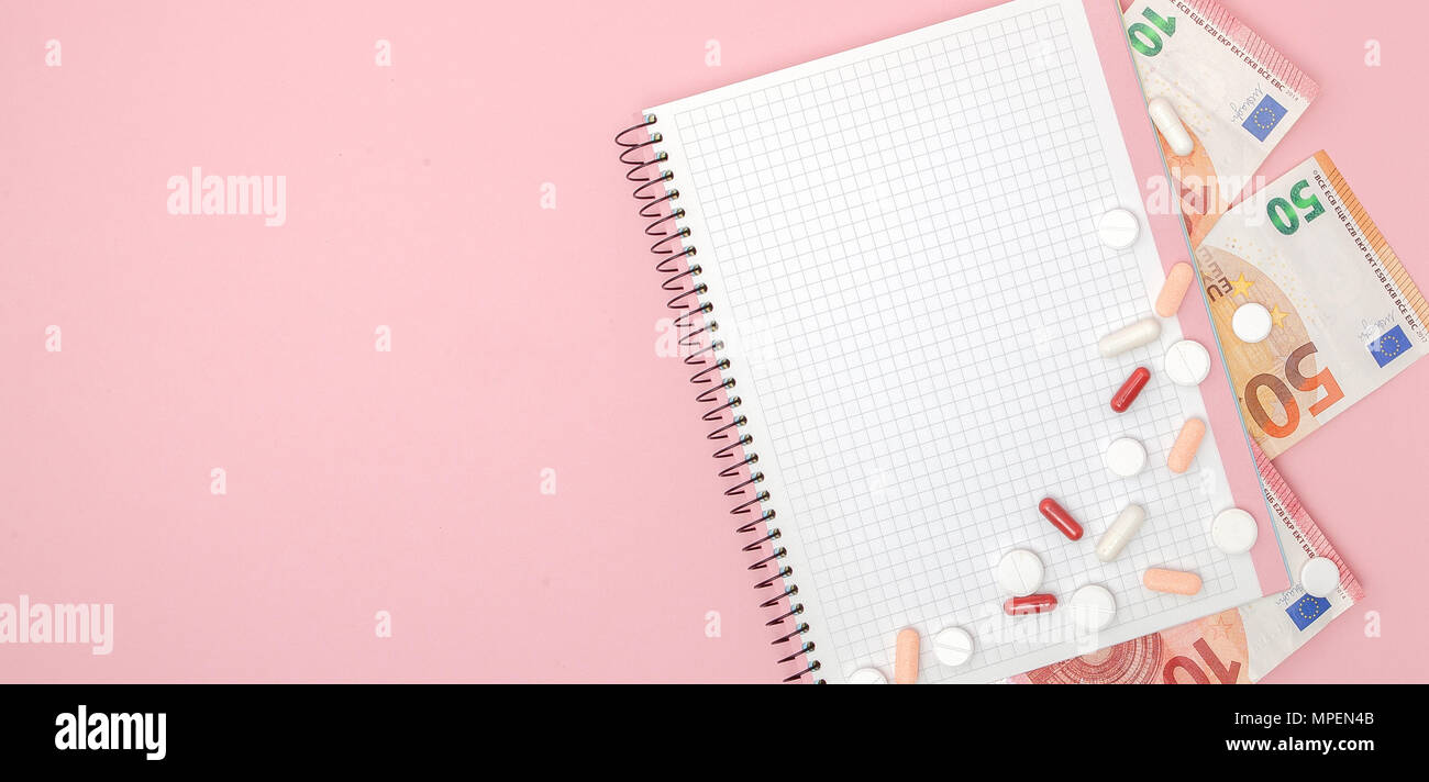 Tablets, pills, capsules, pills with pencil and banknotes of 50 euros ...