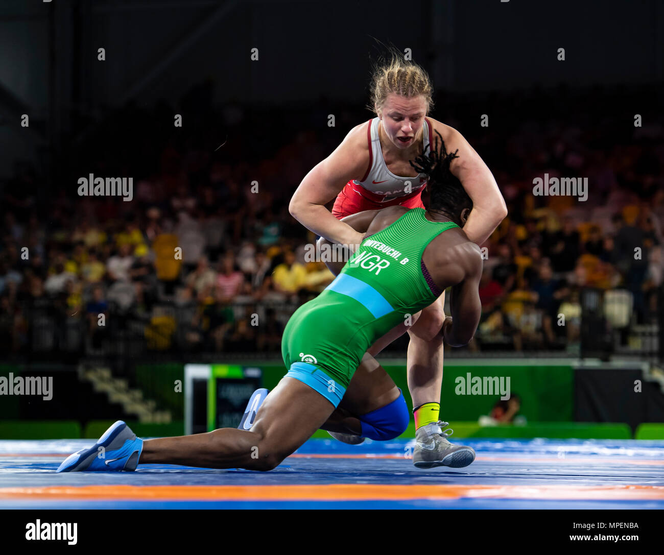 GOLD COAST, AUSTRALIA - APRIL 12: Erica Wiebe of Canada v Blessing Onyebuchi of Nigeria ...