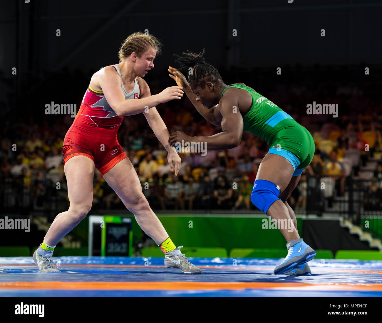 GOLD COAST, AUSTRALIA - APRIL 12: Erica Wiebe of Canada v Blessing ...