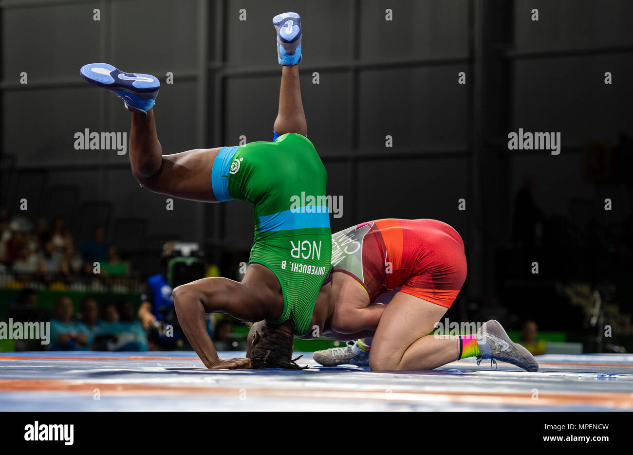 GOLD COAST, AUSTRALIA - APRIL 12: Erica Wiebe of Canada v Blessing Onyebuchi of Nigeria ...