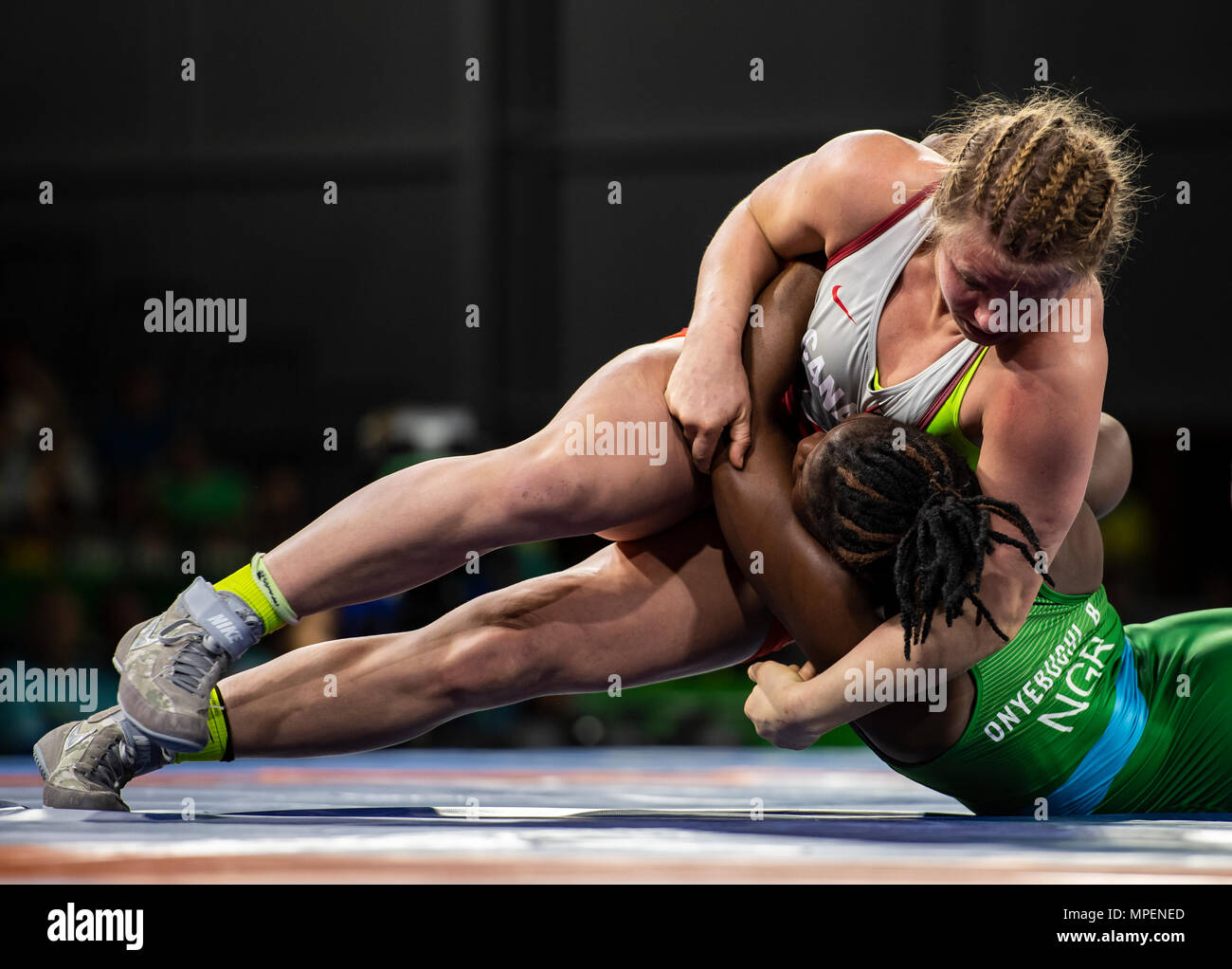GOLD COAST, AUSTRALIA - APRIL 12: Erica Wiebe of Canada v Blessing Onyebuchi of Nigeria ...