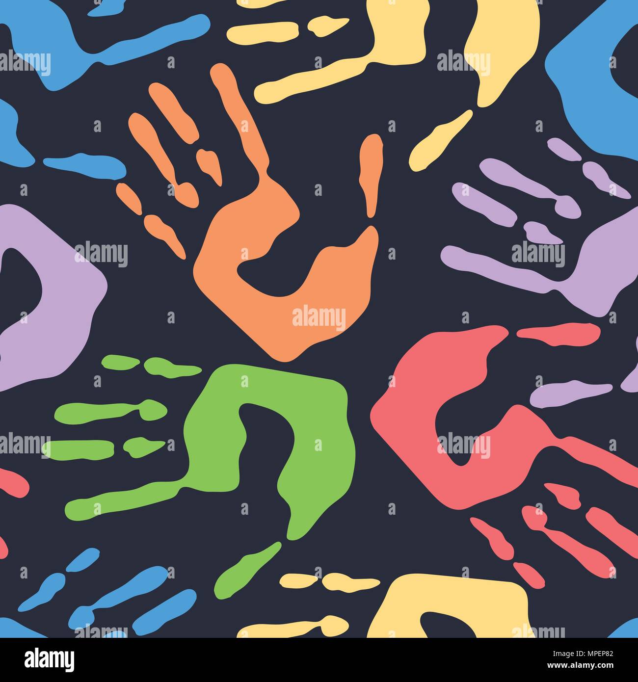 Seamless pattern with human handprints, colorful man hand stamps on ...