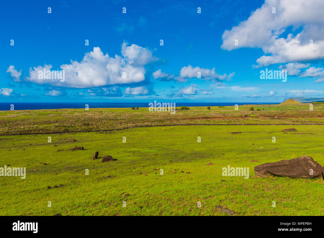 A sweeping view of the Easter Island landscape leading to the Pacific ...