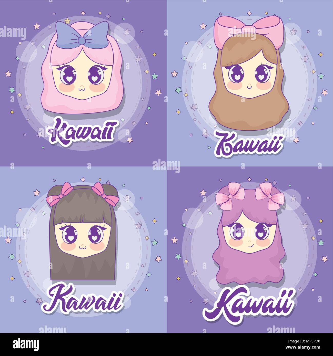 Icon set of kawaii anime girls over colorful squares, vector ...