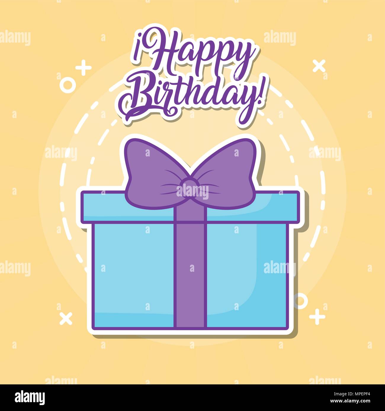 Happy birthday card with gift box over yellow background, colorful ...
