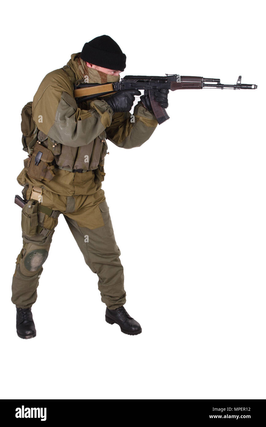shooter with kalashnikov rifle isolated on white background Stock Photo ...