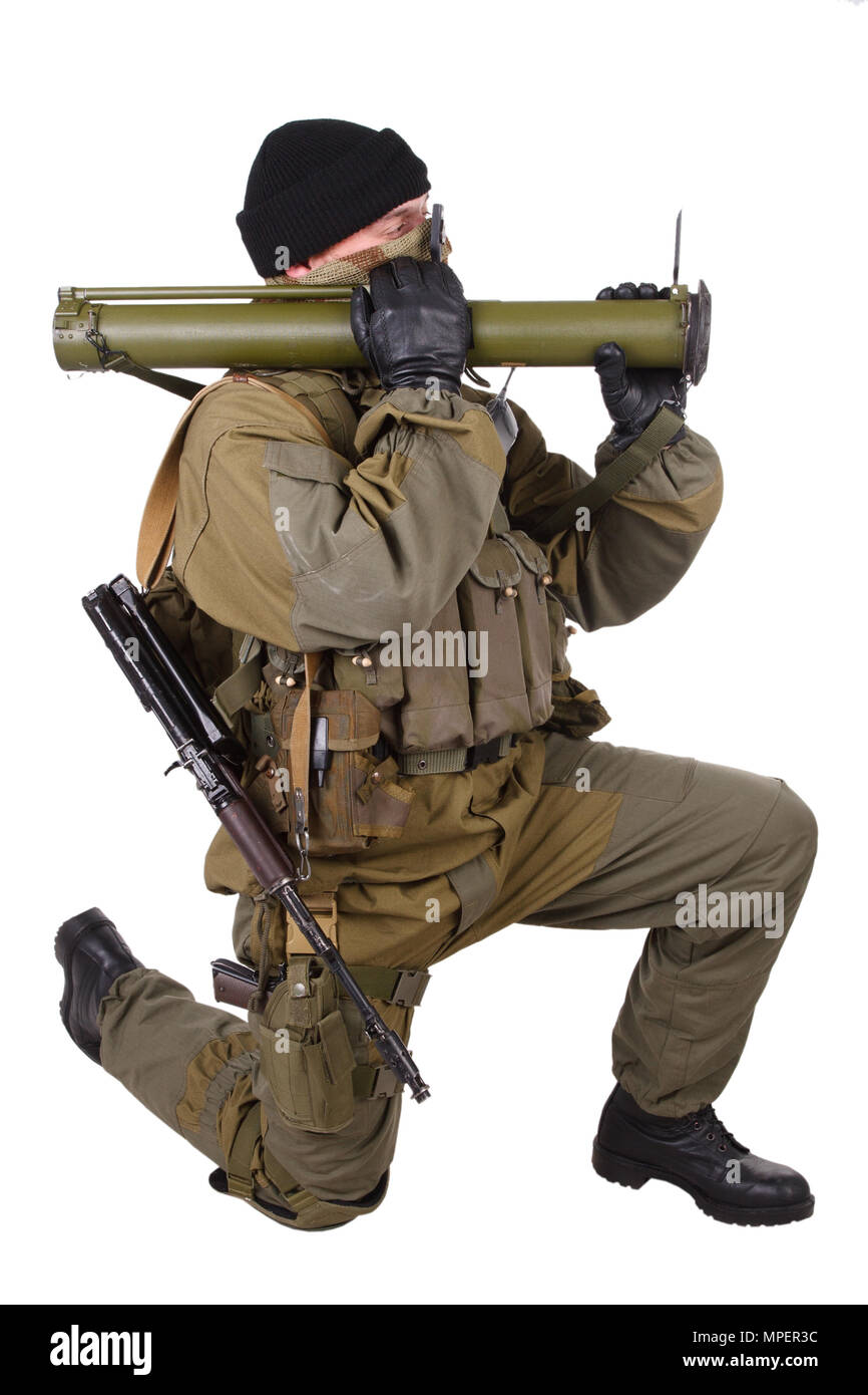 mercenary with bazooka gun isolated on white Stock Photo - Alamy