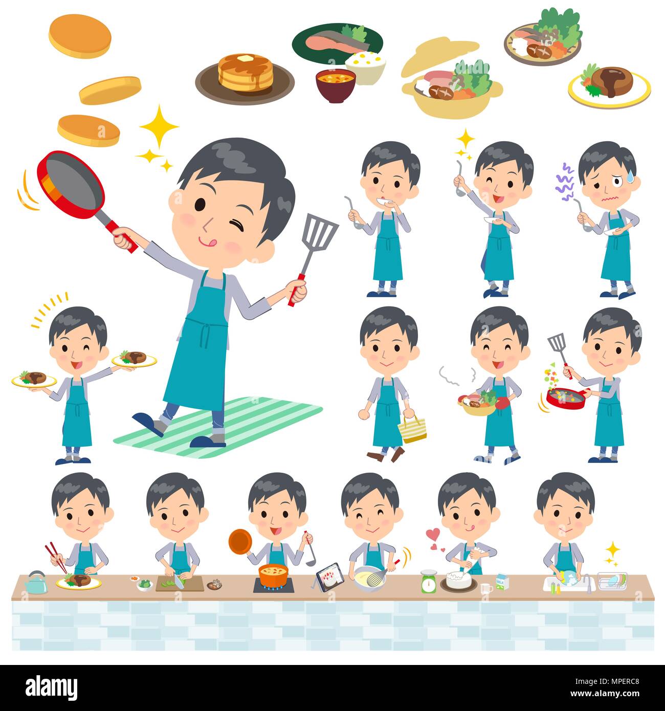 Set of various poses of Gray wear man cooking Stock Vector Image & Art ...
