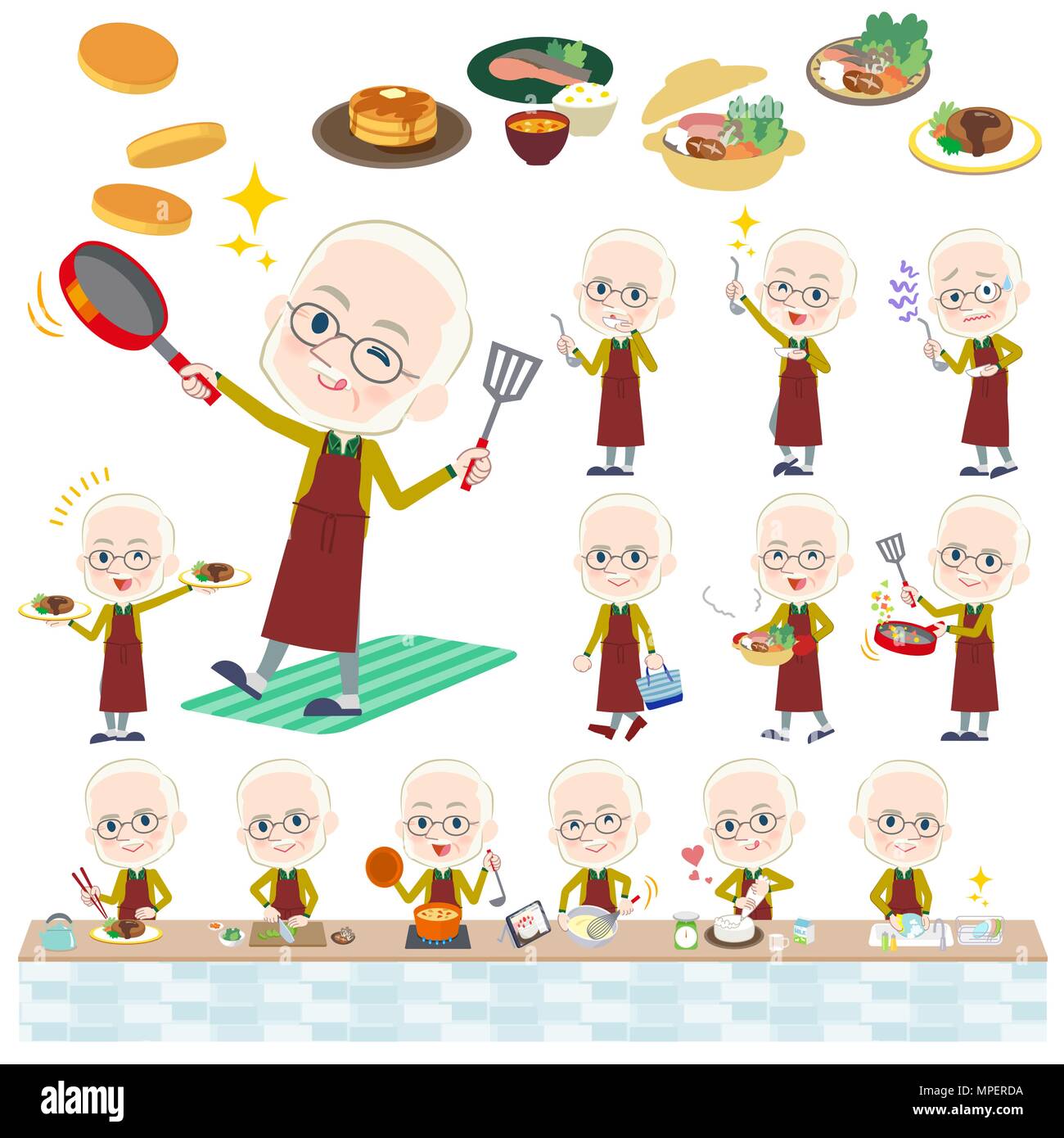 Set of various poses of Yellow Ocher knit old man White cooking Stock ...