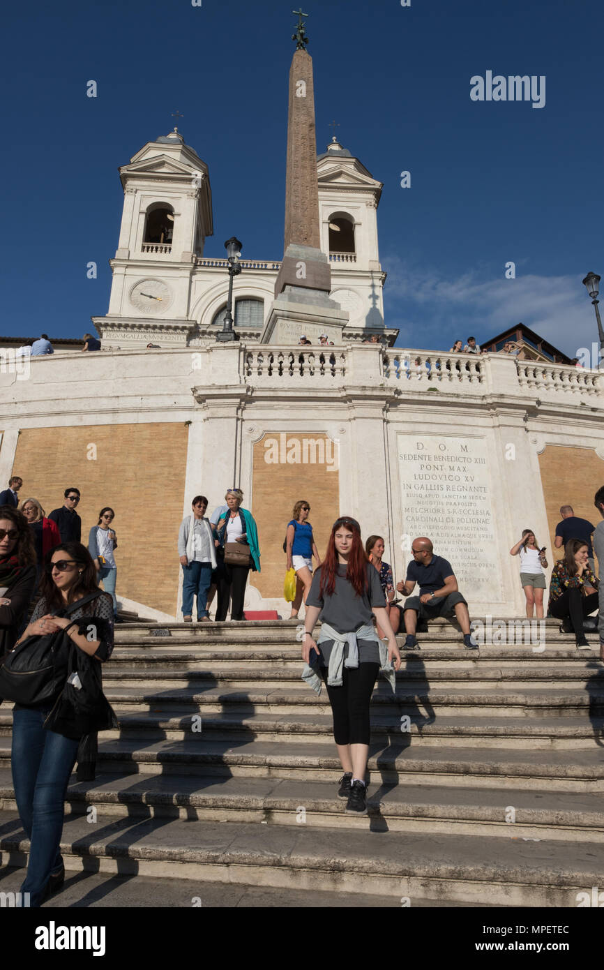 Rome Trinita de Monti, multitude of tourists sitting on Spanish steps ...