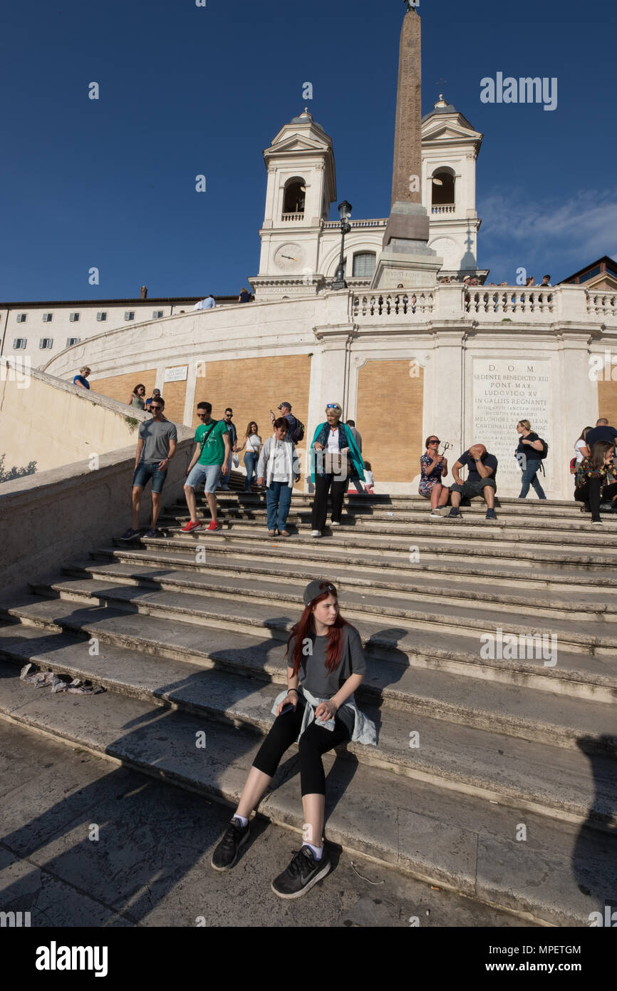 Rome Trinita de Monti, multitude of tourists sitting on Spanish steps ...