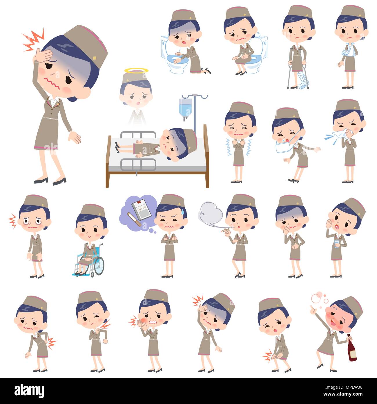 Set of various poses of Cabin attendant beige woman sickness Stock ...