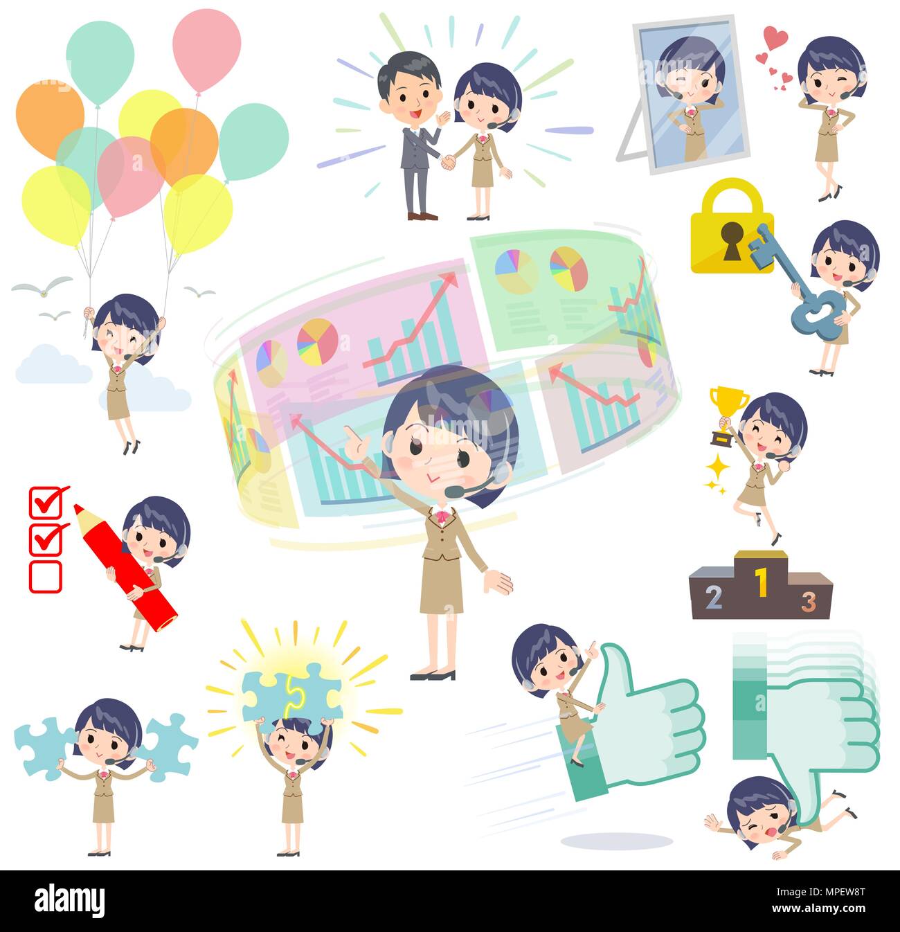Set of various poses of Call center woman success & positive Stock ...