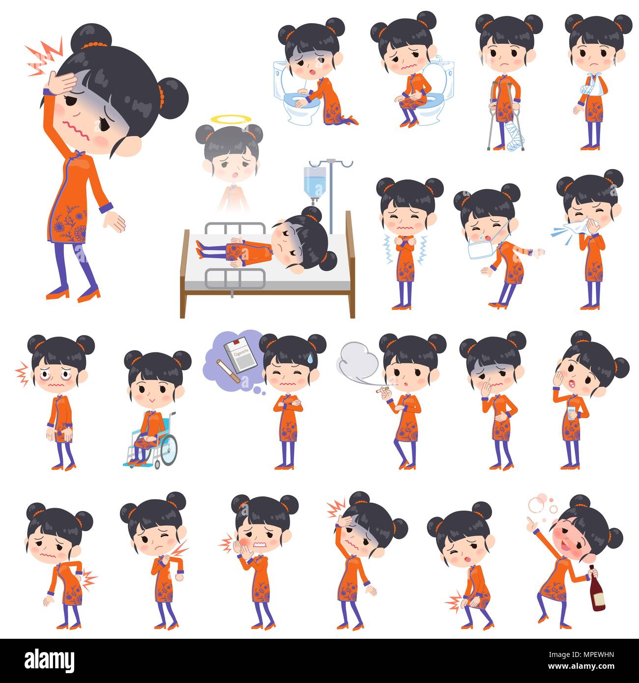 Set of various poses of Chinese ethnic clothing woman sickness Stock ...