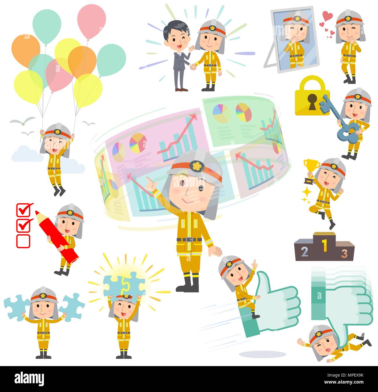 Set of various poses of Firefighter man success & positive Stock Vector ...