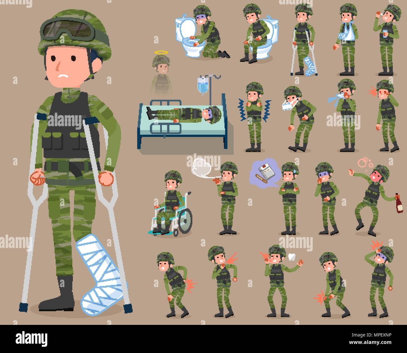 Set of various poses of flat type military wear man sickness Stock ...