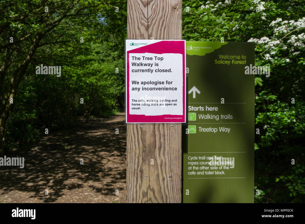 Sign in Salcey Forest indicating that the Tree Top Walkway is closed; a ...