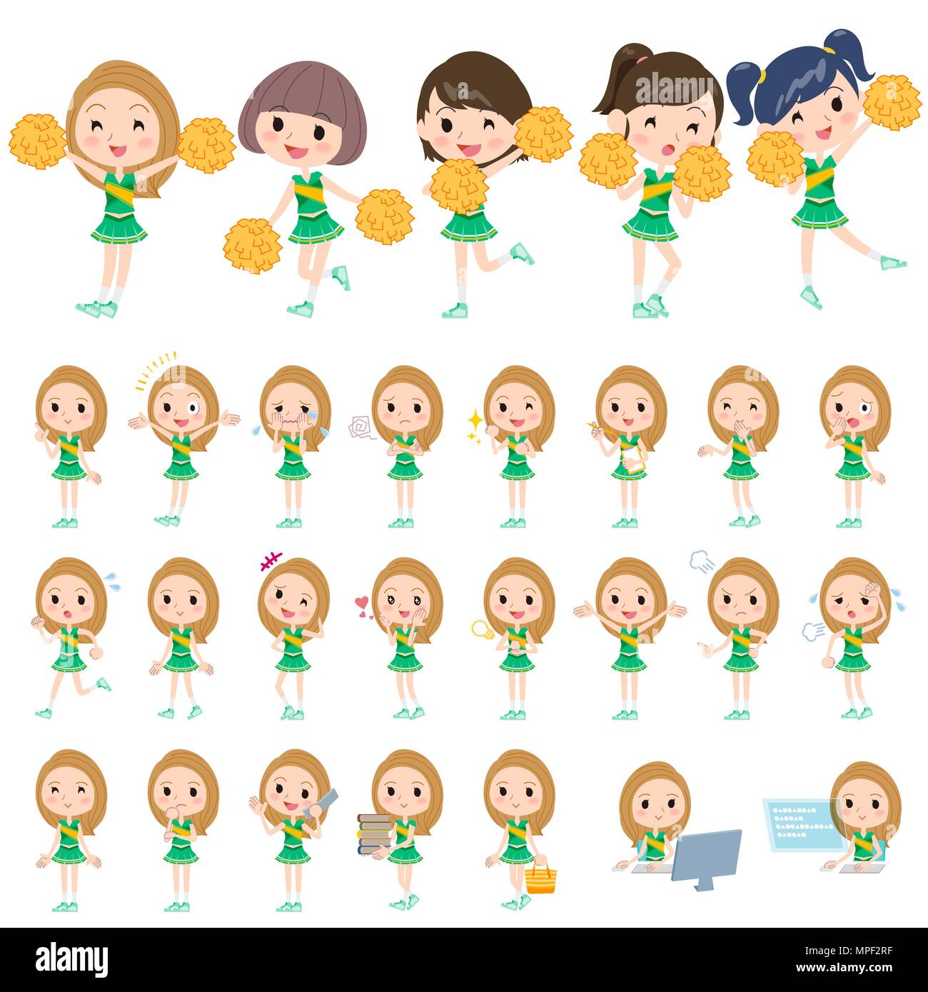 Set of various poses of green Cheerleader team Stock Vector Image & Art ...