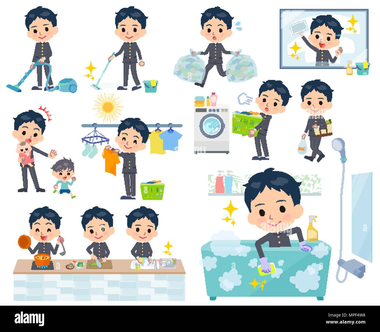 Set of various poses of school boy gakuran housekeeping Stock Vector ...
