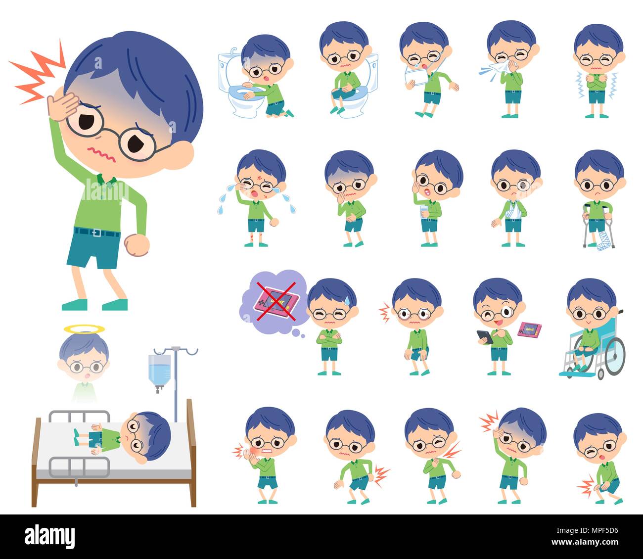 Set of various poses of Green clothing glasses boy About the sickness ...