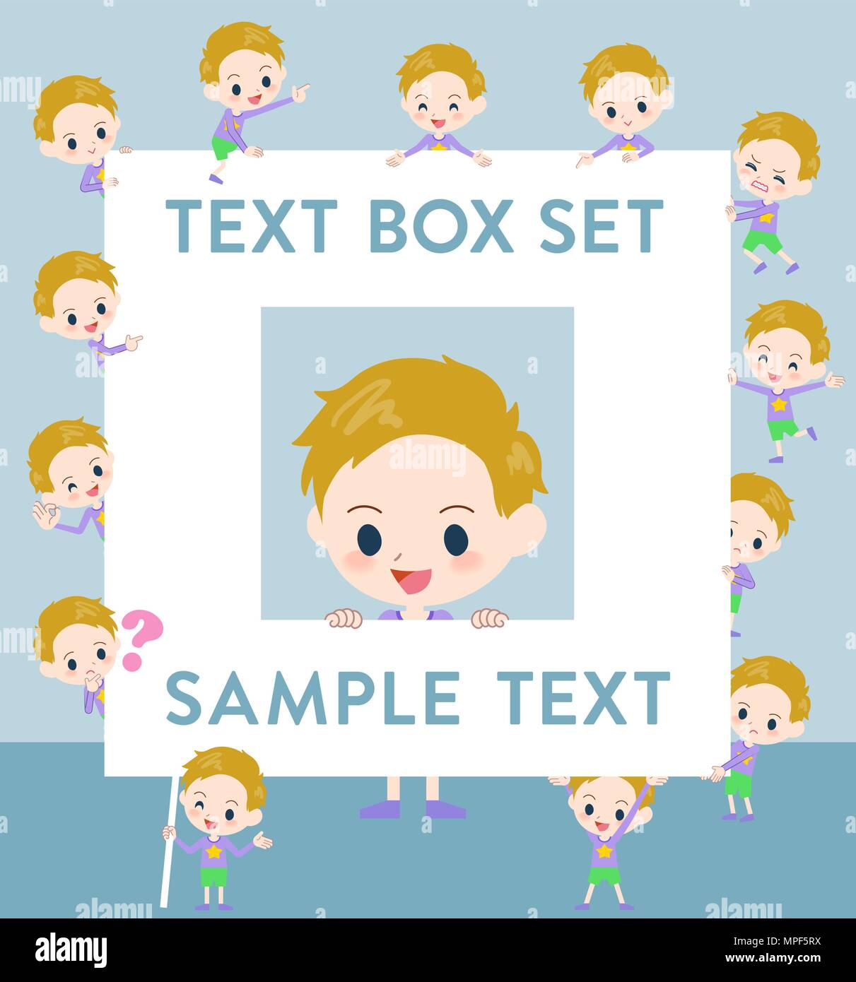 Set of various poses of blond hair boy text box Stock Vector Image ...