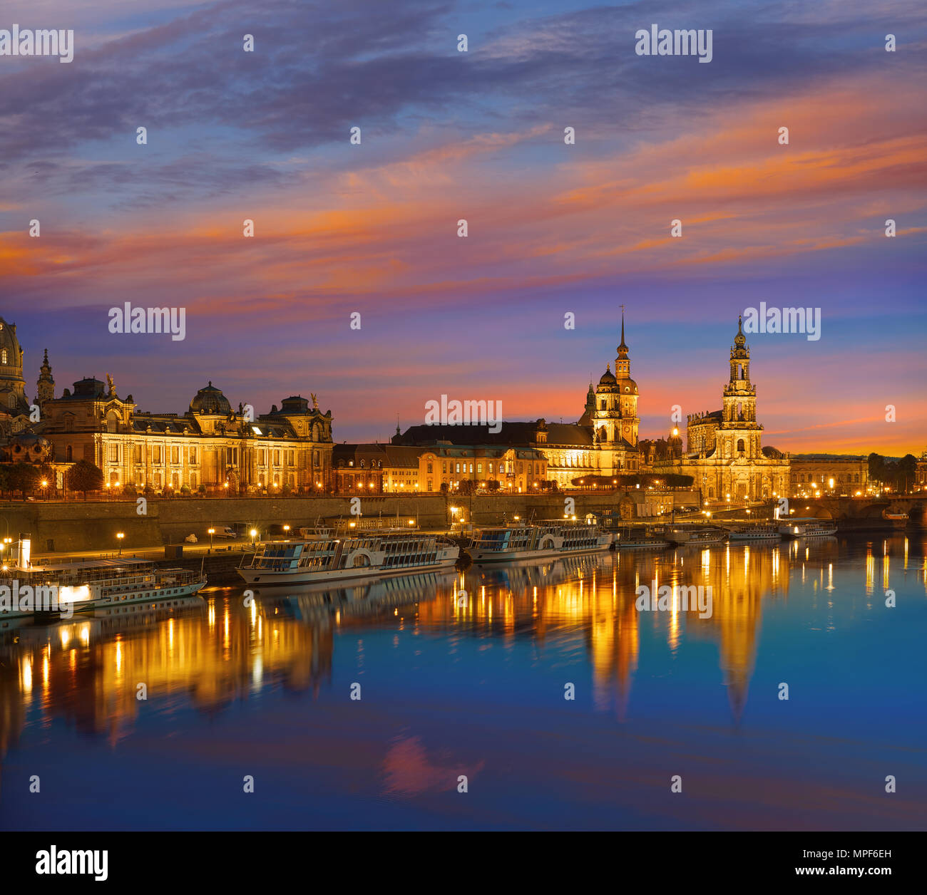 Dresden sunset skyline reflecion in Elbe river in Saxony of Germany ...