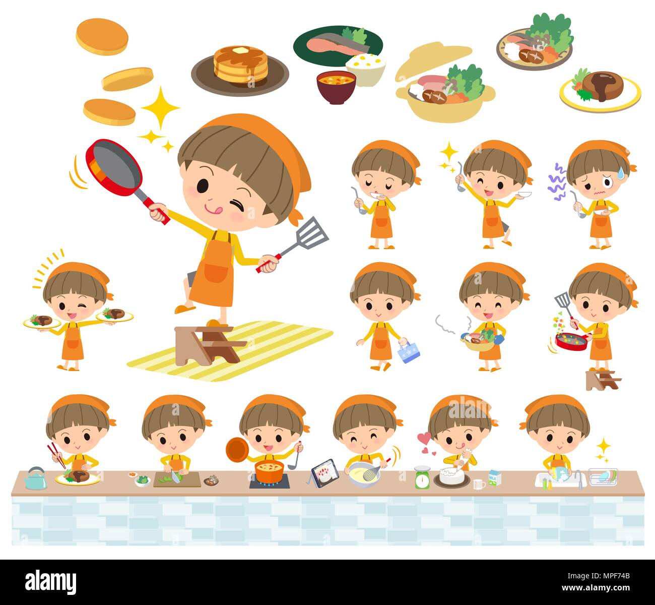 Set of various poses of Yellow clothes Bobbed boy cooking Stock Vector ...