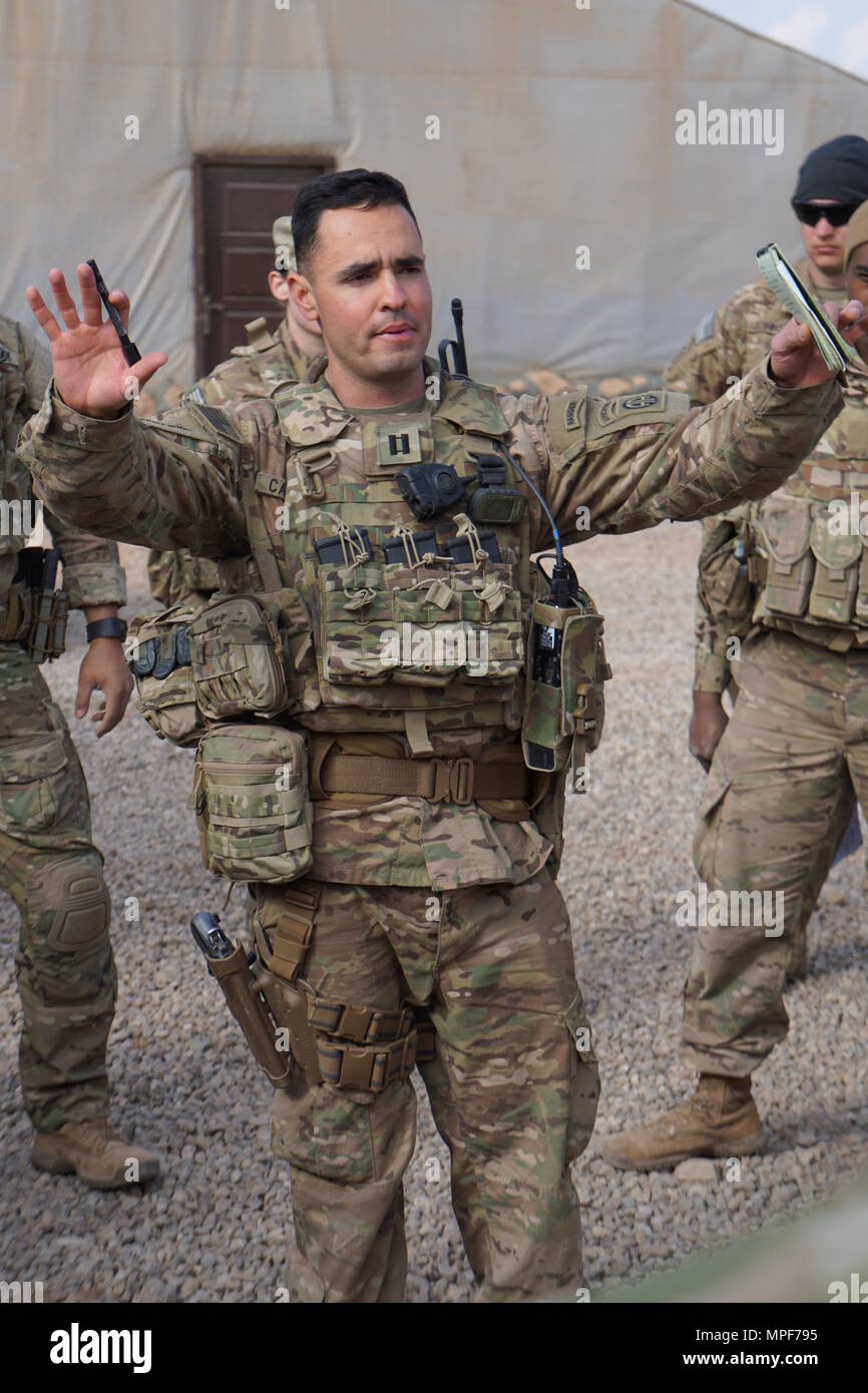U.S. Army Capt. Omar Cavalier delivers a mounted patrol brief Feb. 16 ...
