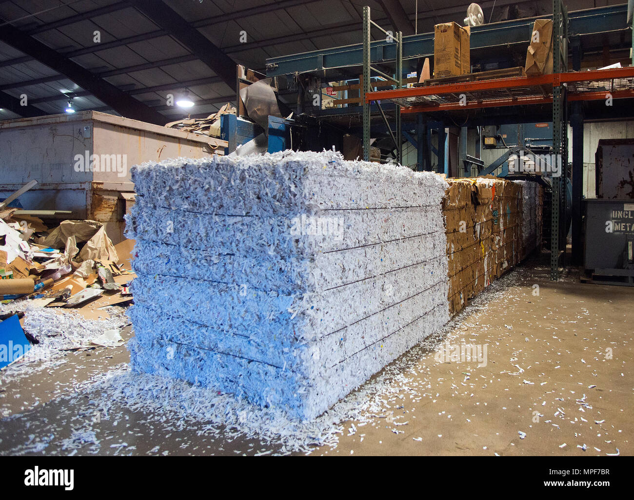 Recently compressed bales of shredded paper, cardboard and other ...
