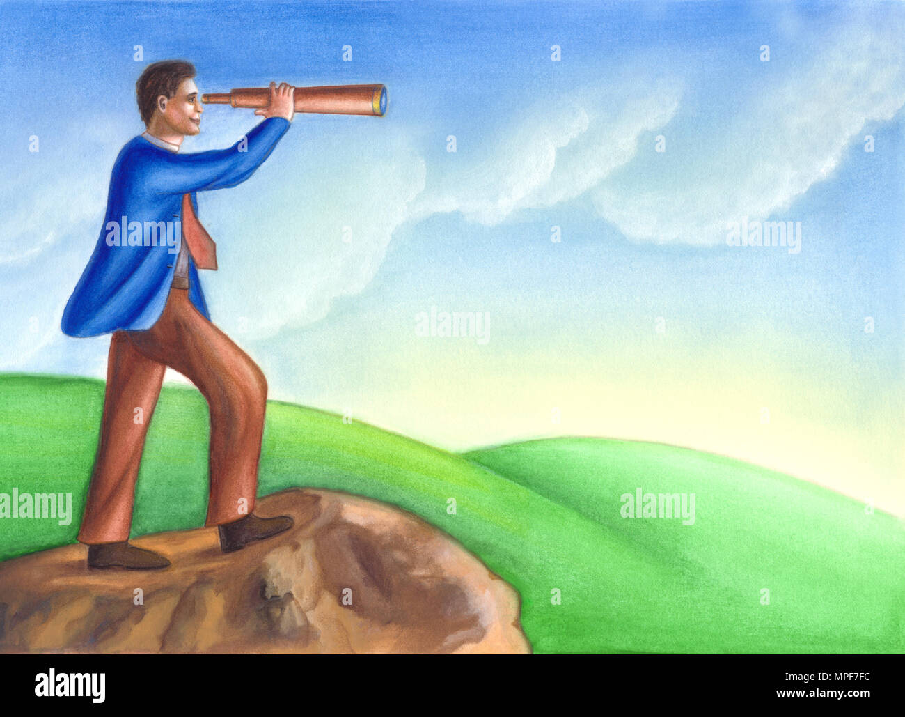 Businessman searching for new opportunities. Hand painted illustration ...