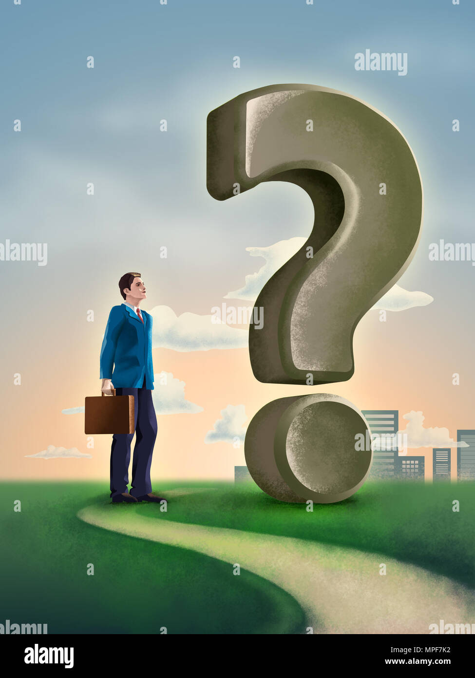 Businessman standing on a path, close to a big question mark. Digital ...