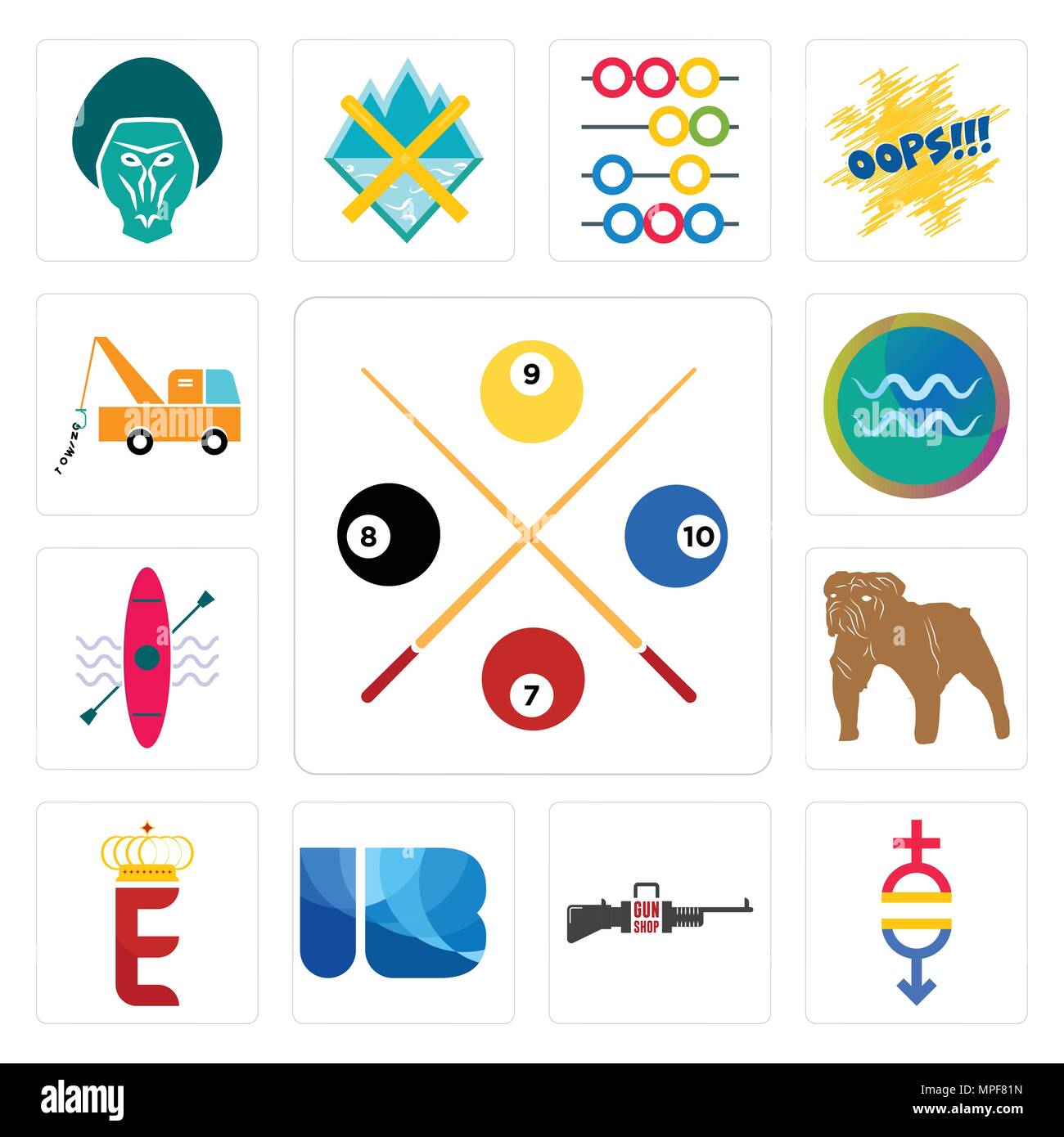 Set Of 13 simple editable icons such as snooker, gender equality, gun ...