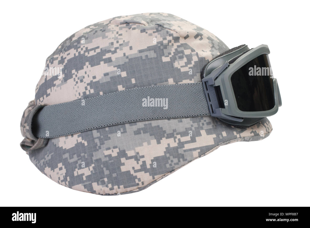 kevlar helmet with a camouflage cover and protective goggles isolated ...